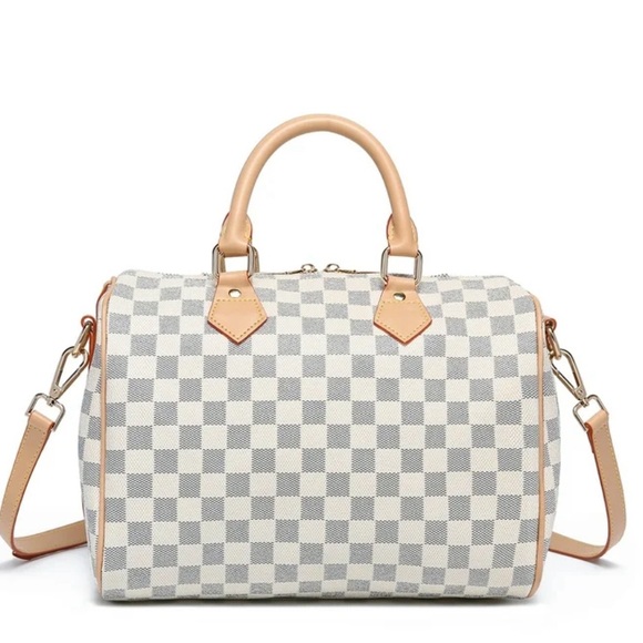 Bags | Checkered Tan And White Tote Bag | Poshmark